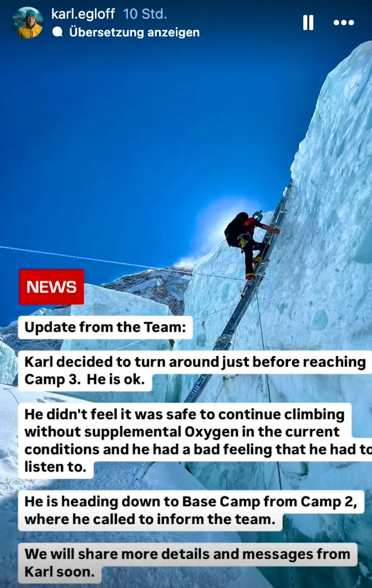 Swiss extreme mountaineer Karl Egloff aborts Everest ascent | blue News
